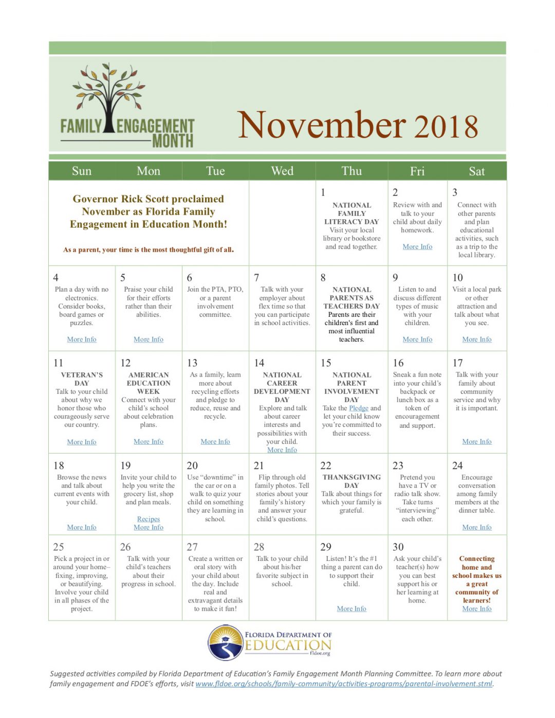 Family Engagement Month Calendar | Cypress Elementary